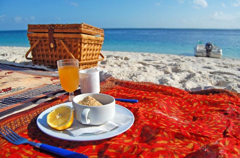 Refreshing Breakfast on a Tropical Beach Stock Photo - Image of juice ...