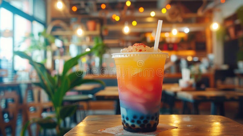 Refreshing Bubble Tea Drink with Layered Colors in a Trendy Cafe ...