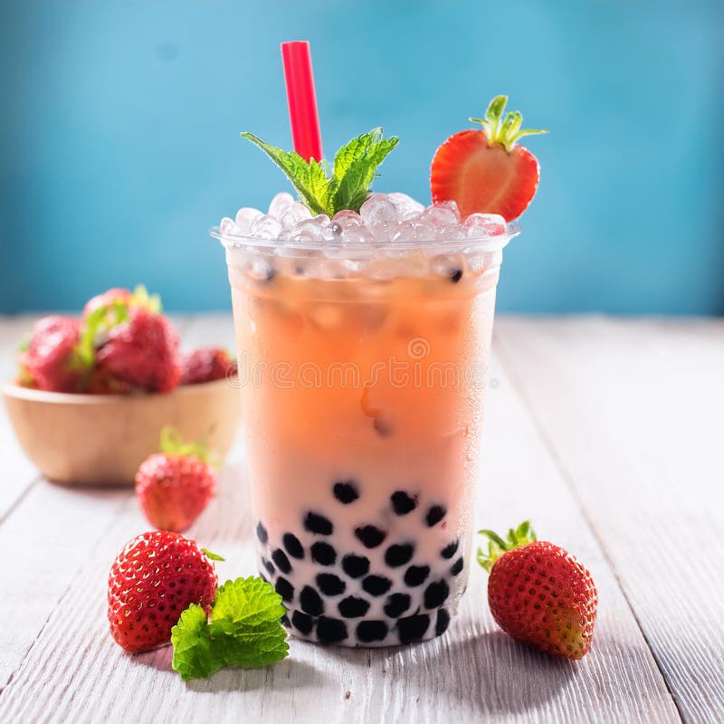 Refreshing Bubble Tea Mojito with Strawberry and Boba. Stock ...