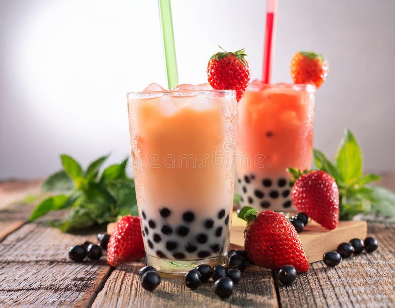 Refreshing Bubble Tea Mojito with Strawberry and Boba. Stock ...