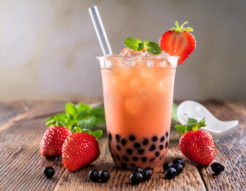 Refreshing Bubble Tea Mojito with Strawberry and Boba. Stock ...