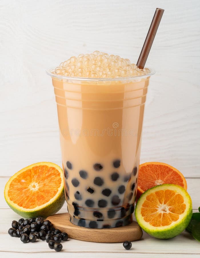 Refreshing Bubble Tea with Tapioca Pearls & Citrus Fruit Stock ...