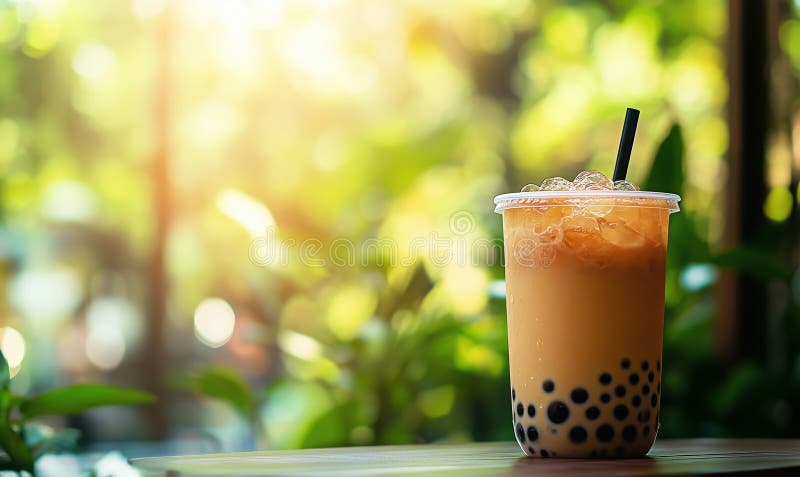 Refreshing Bubble Tea with Tapioca Pearls in a Sunny Outdoor Setting ...