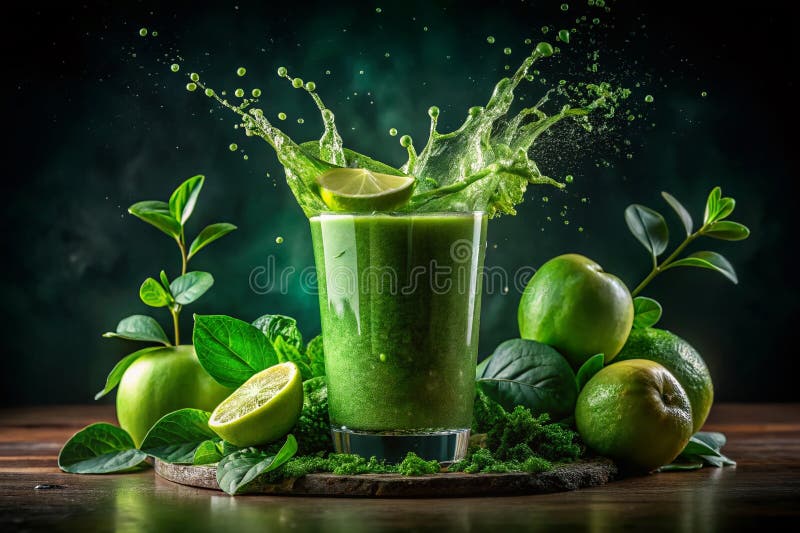 A Refreshing Burst of Green Lime Spinach Smoothie Splash in LowLight ...