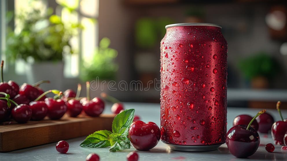 Refreshing Cherry Beverage Can Surrounded by Fresh Cherries and Mint ...
