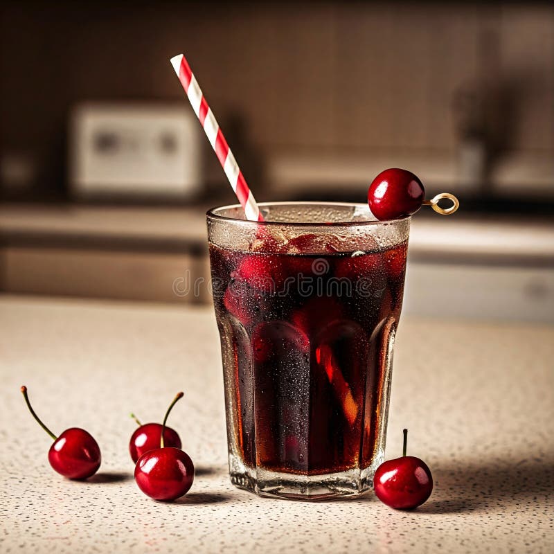 Refreshing Cherry Cola Drink with Ice and Straw Stock Illustration ...