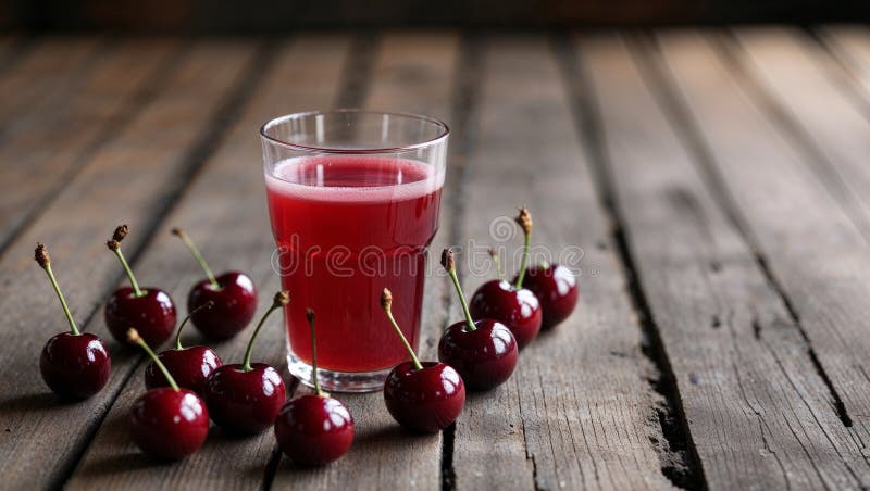 Refreshing Cherry Juice in Glass with Fresh Cherries on Wooden Table Stock Photo - Image of ...
