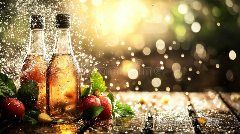 Refreshing Cider Bottles with Splashes and Fruit in Sunlight Stock ...