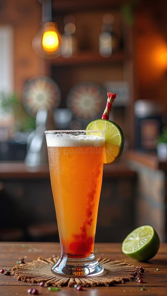 Refreshing Citrus Beer Cocktail with Lime Garnish in Cozy Bar Setting ...