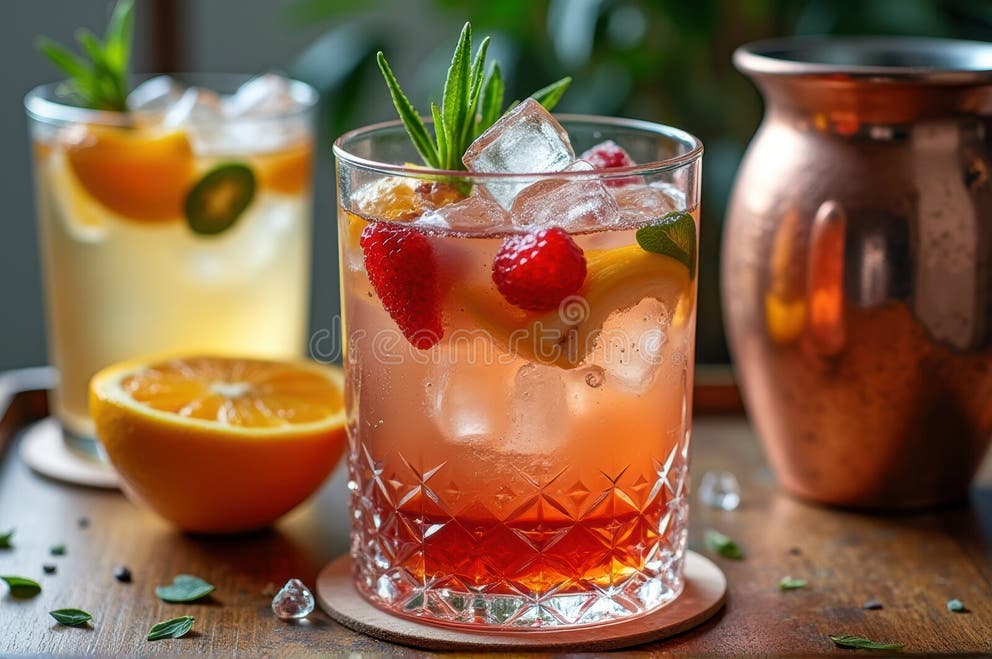 Refreshing Citrus and Berry Cocktail with Mint and Ice Stock Photo ...