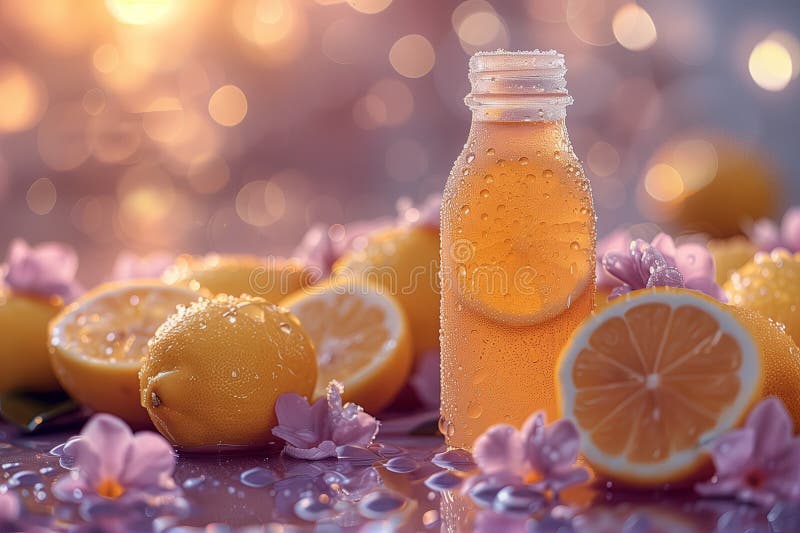 Refreshing Citrus Beverage at Sunset. a Bottle of Refreshing Citrus ...