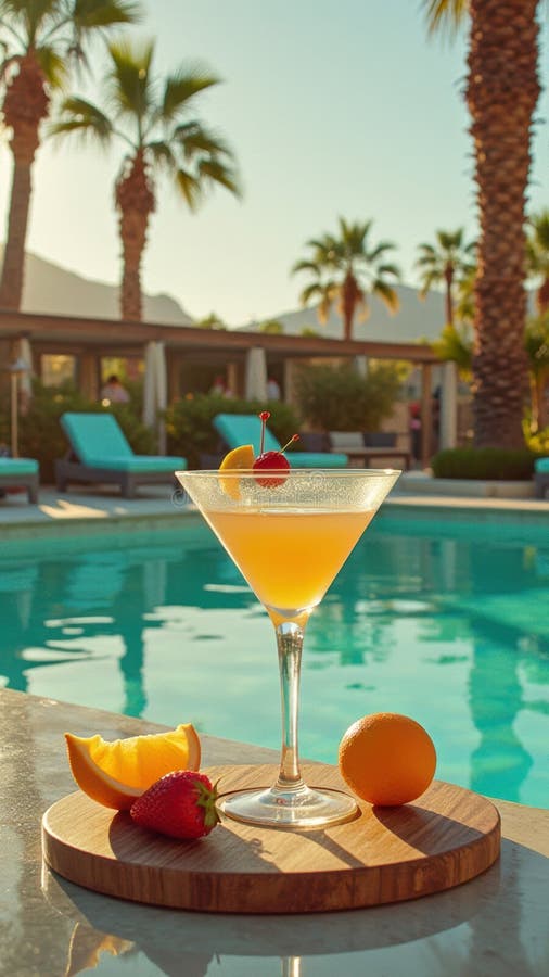 Refreshing Citrus Cocktail by Sunlit Poolside with Palm Trees Stock ...