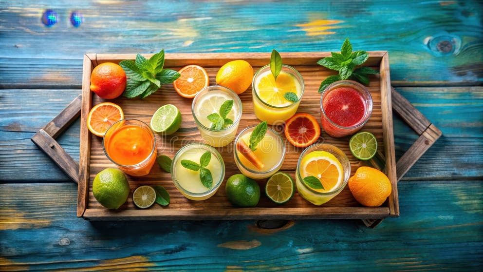 Refreshing Citrus and Fruit Juice Selection on Rustic Wooden Tray ...