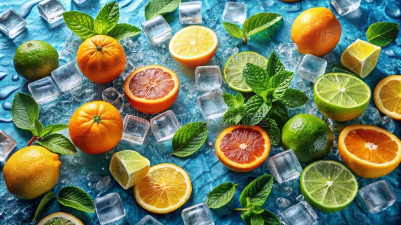 Refreshing Citrus Fruits and Mint Leaves on Ice. Generative AI Stock ...