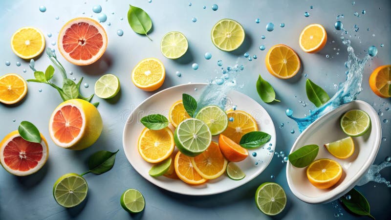 Refreshing Citrus Fruits Splashing in Water on Plates. Generative AI ...