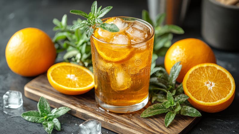 Refreshing Citrus Ice Tea with Fresh Oranges and Herbs on a Wooden ...