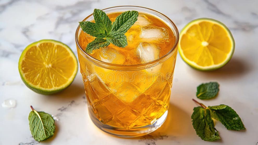 Refreshing Citrus Iced Tea with Mint Garnish on Marble Surface Stock ...