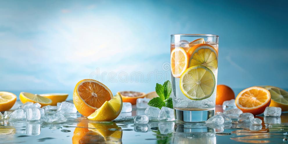 Refreshing Citrus Infused Water with Ice Cubes and Mint Garnish on a ...