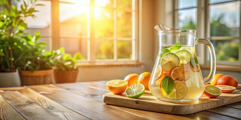 Refreshing Citrus Infused Water Pitcher on Sunny Wooden Table ...