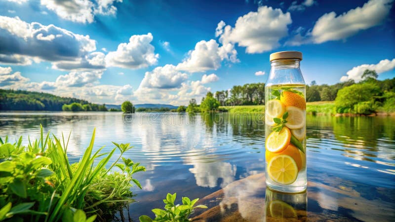 Refreshing Citrus Infused Water by a Serene Lake on a Sunny Day ...