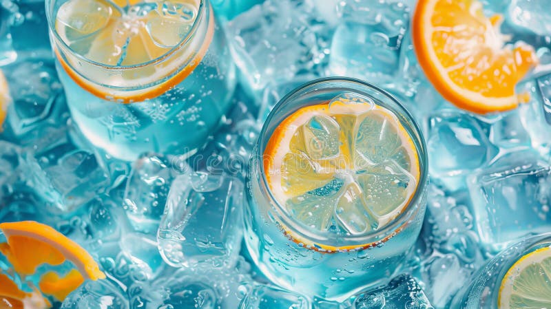Refreshing Citrus Mocktail with Blue Tonic and Ice Cubes Stock ...