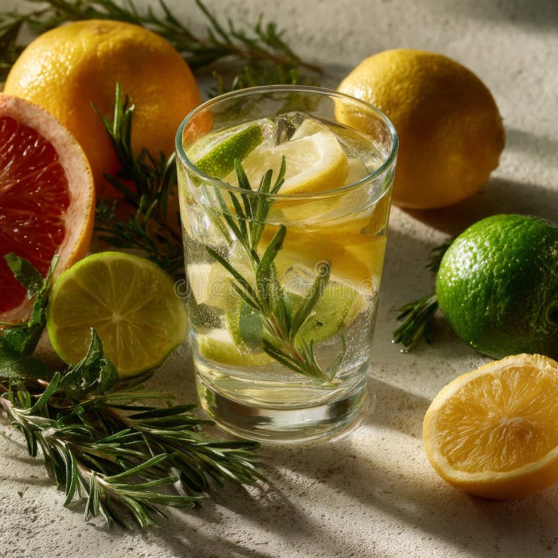 Refreshing Citrus Rosemary Drink with Ice Stock Illustration ...