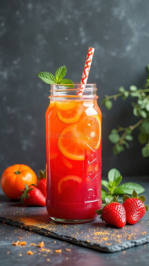Refreshing Citrus and Strawberry Beverage in Glass Jar with Mint ...