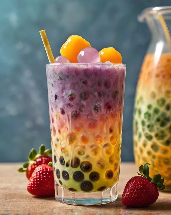 Refreshing Close-Up of Boba Tea with Colorful Tapioca Pearls Stock ...
