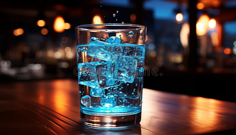 Refreshing Cocktail on Bar Table, Ice Melting, Night Illuminated ...