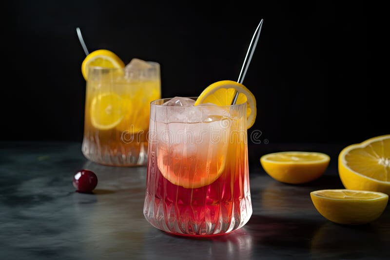 Refreshing Cocktail with Ice Cubes, Fruit Slices, and Delicate Drizzle ...