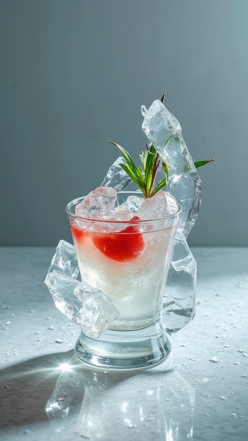 Refreshing Cocktail with Ice Cubes and Garnish on Reflective Surface ...