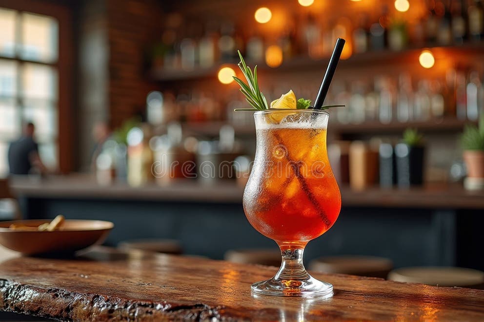 Refreshing Cocktail with Ice and Garnish on Rustic Bar Counter Stock ...