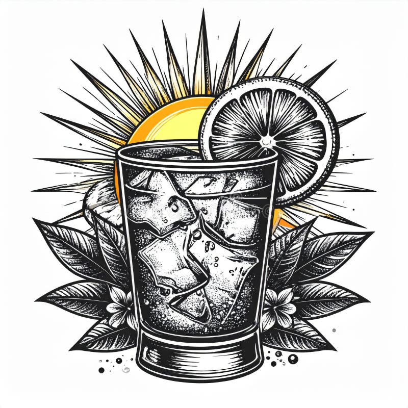 Refreshing Cocktail Illustration with Lemon and Sun Stock Illustration ...