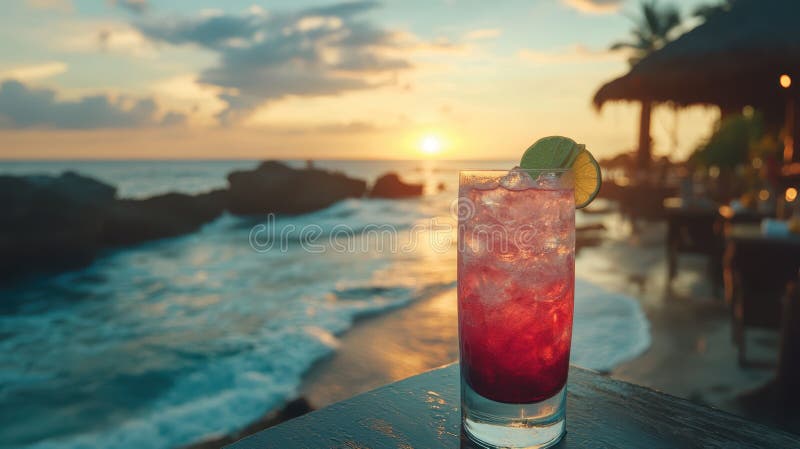 Refreshing Cocktail by Ocean View during Tropical Sunset Stock Image ...