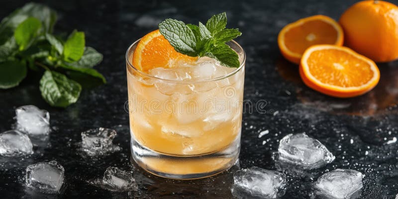 Refreshing Cocktail with Orange, Mint, Ice, and Garnishes Stock Image ...