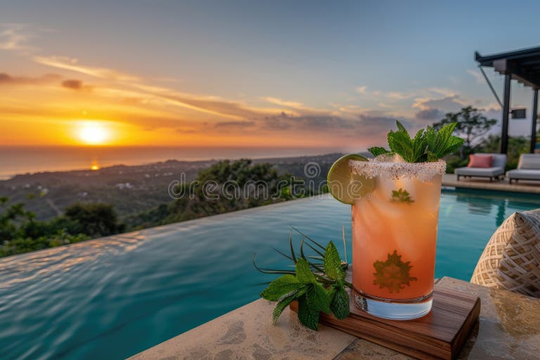 Refreshing Cocktail at Sunset by Infinity Pool Stock Illustration ...
