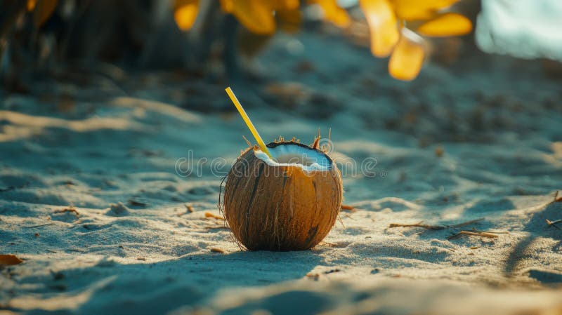 Refreshing Coconut Drink on Sandy Tropical Beach Stock Illustration ...