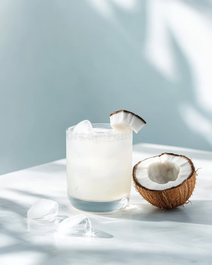 A Refreshing Coconut Drink Served with Ice and a Halved Coconut on a ...