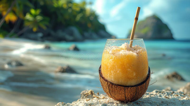 Refreshing Coconut Drink Served in Coconut Shell on Beach Stock Photo ...