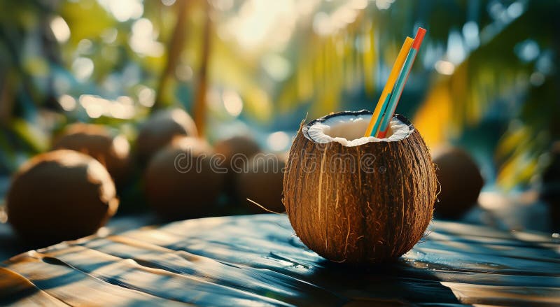 Refreshing Coconut Drink Served in a Shell at a Tropical Beach during ...