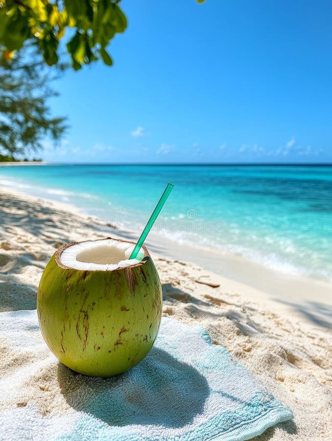 Refreshing Coconut Drink on a Tropical Beach Under the Sun. Stock Image ...