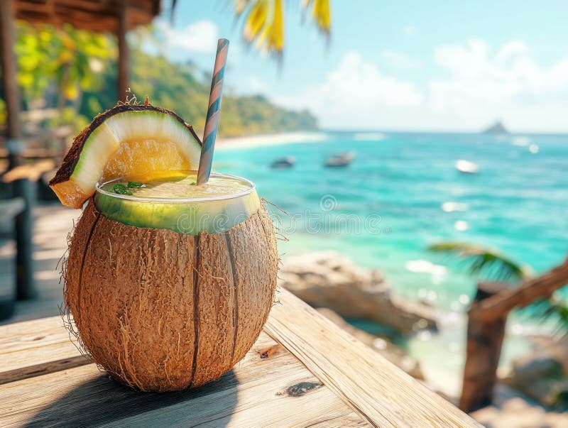 Refreshing Coconut Drink on a Tropical Deck Overlooking the Ocean ...