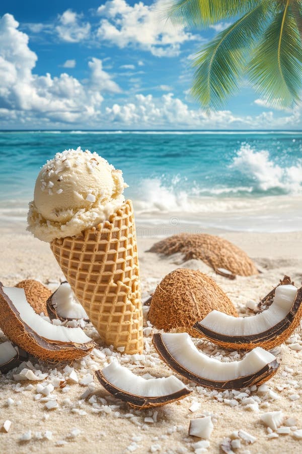 Refreshing Coconut Ice Cream Cone on a Tropical Beach with Ocean Waves ...