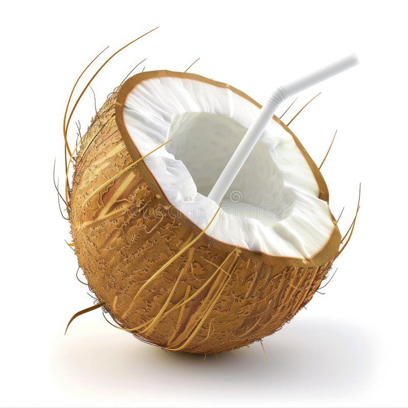 Refreshing Coconut Water Drink with Straw in Half Coconut Shell Stock ...