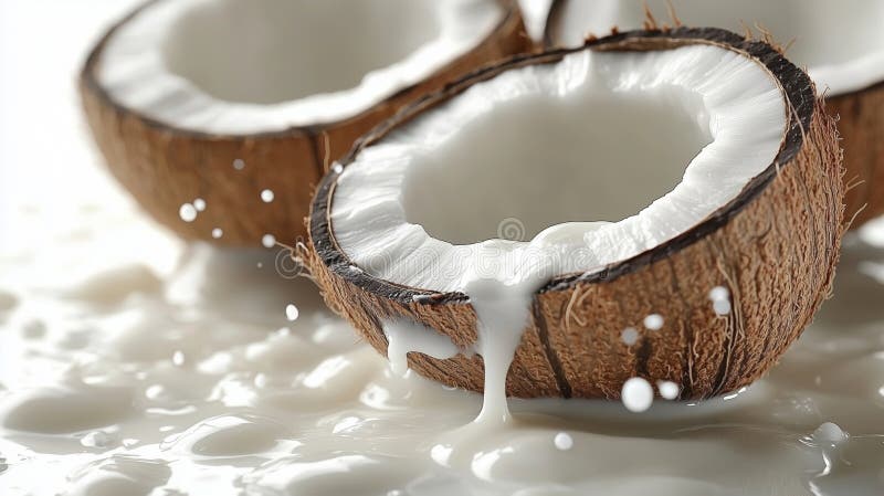 Refreshing Coconut Milk with Splashes on a Clean White Surface Stock ...