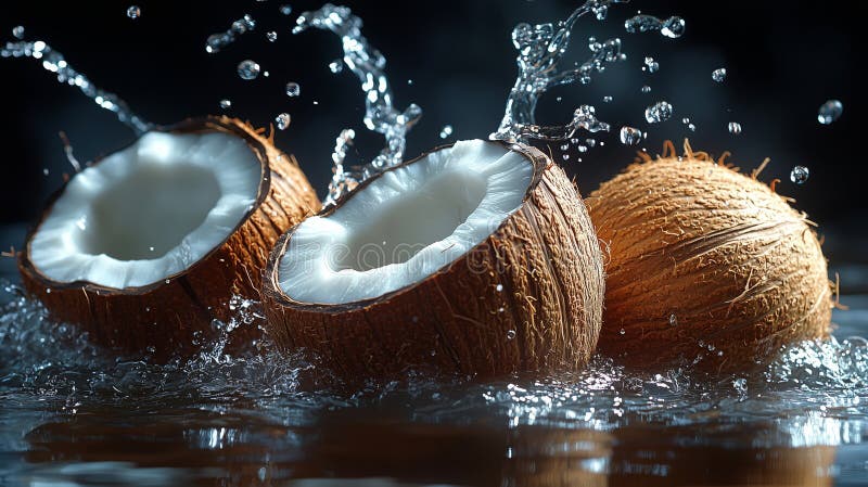 Refreshing Coconut Splash with Water on a Dark Background Stock Image ...