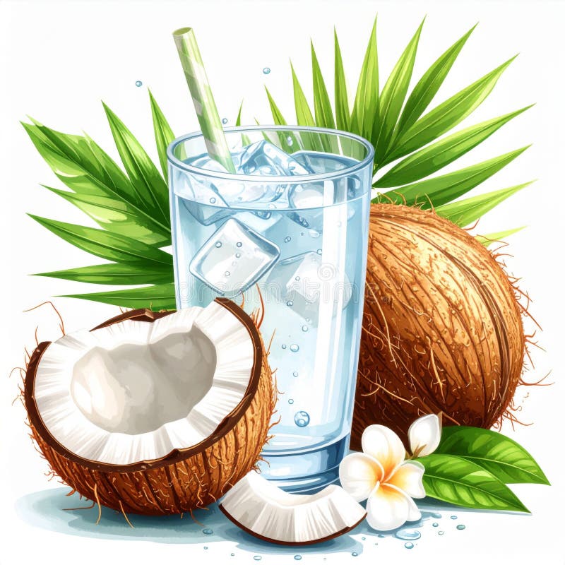 Refreshing Coconut Water with Ice and Palm Leaves Stock Illustration ...