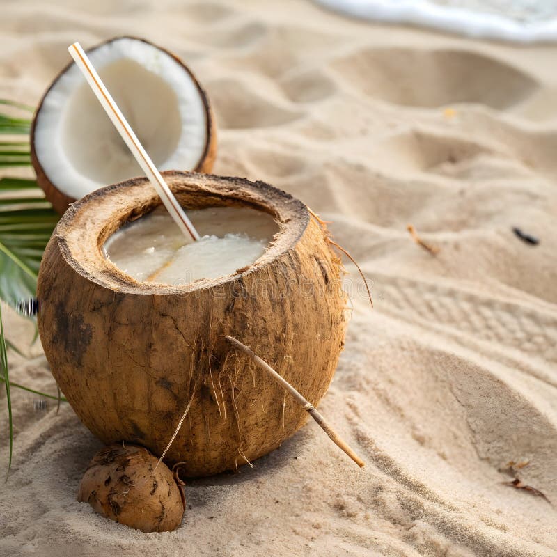 Fresh Coconut Water in Natural Shell with Straw on Beach Sand ...