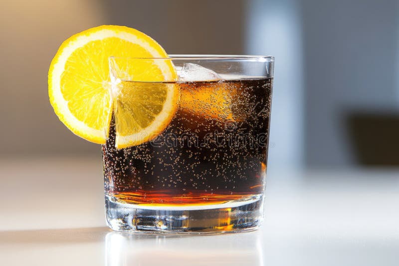 Refreshing Cola Drink with Lemon Slice and Ice in Clear Glass on Table ...