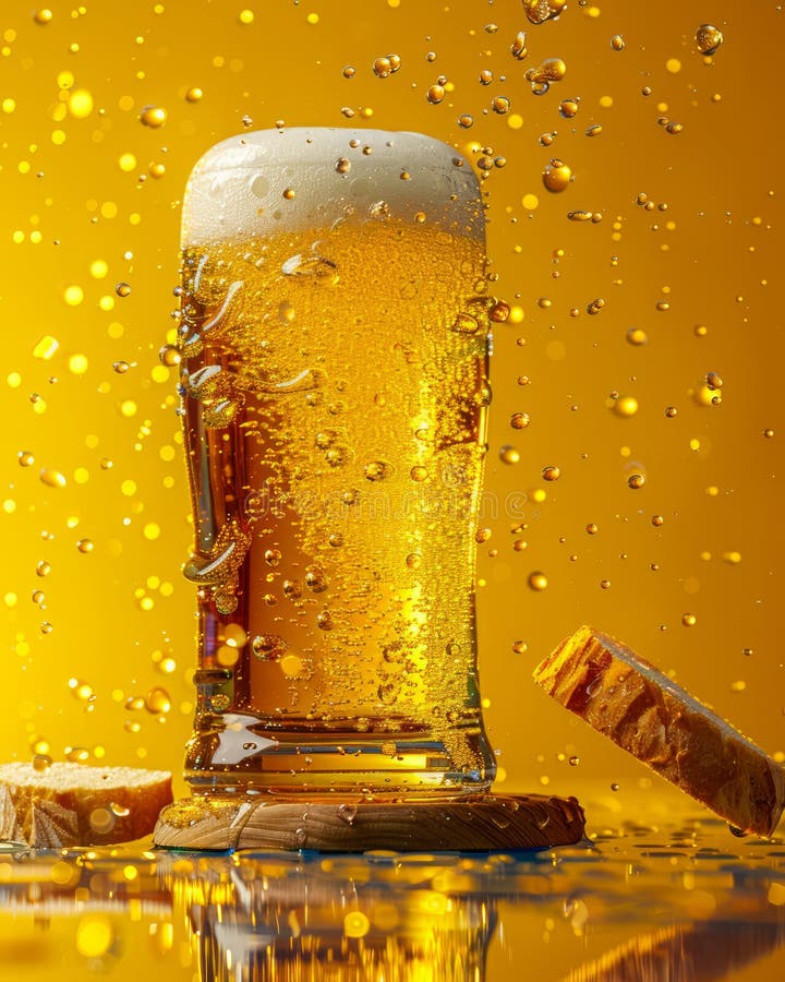 Refreshing Cold Beer with Bubbles and Splash on a Warm Yellow ...